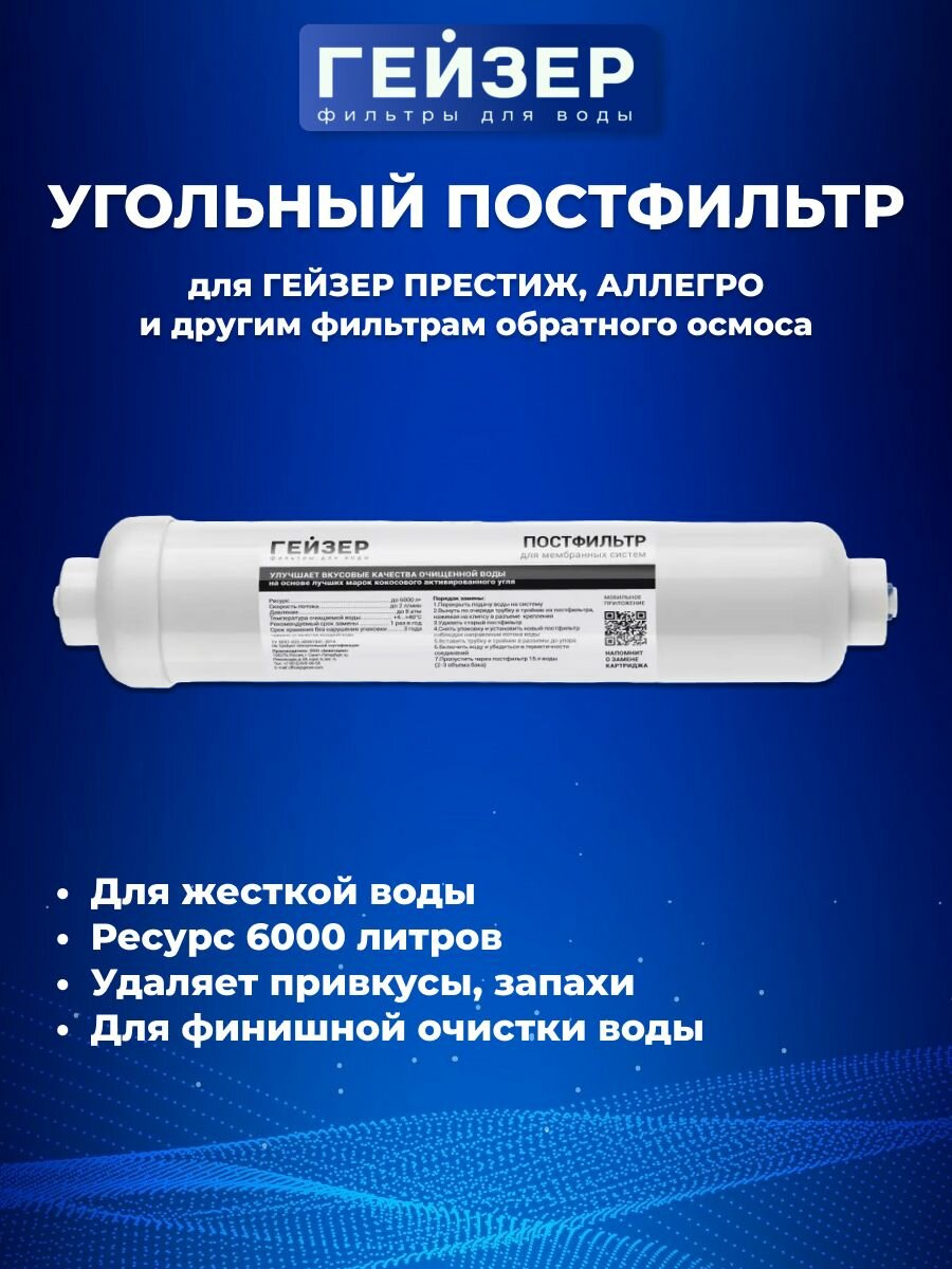Угольный постфильтр Гейзер, для очистки воды, 1 ступень, до 6000 литров