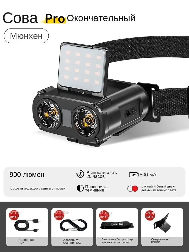 Фонарь-прожектор Warsun Owl Pro 900 люмен с встроенным аккумулятором 1500mAh, для спорта и отдыха на природе, черный