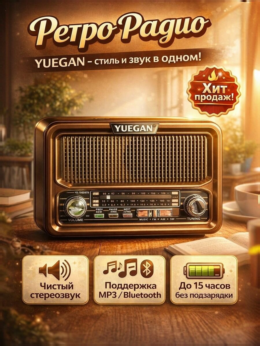 Радиоприемник . Ретро радио с аккумулятором, портативный. Bluetooth, MicroSD, USB для флешки.