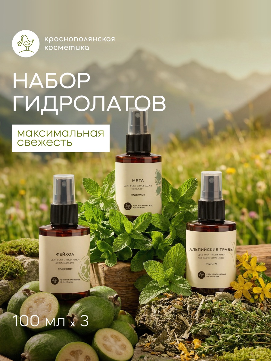 Краснополянская косметика Набор гидролатов «Максимальная Свежесть», Фейхоа, Альпийские травы, Мята, 3 шт по 100 мл
