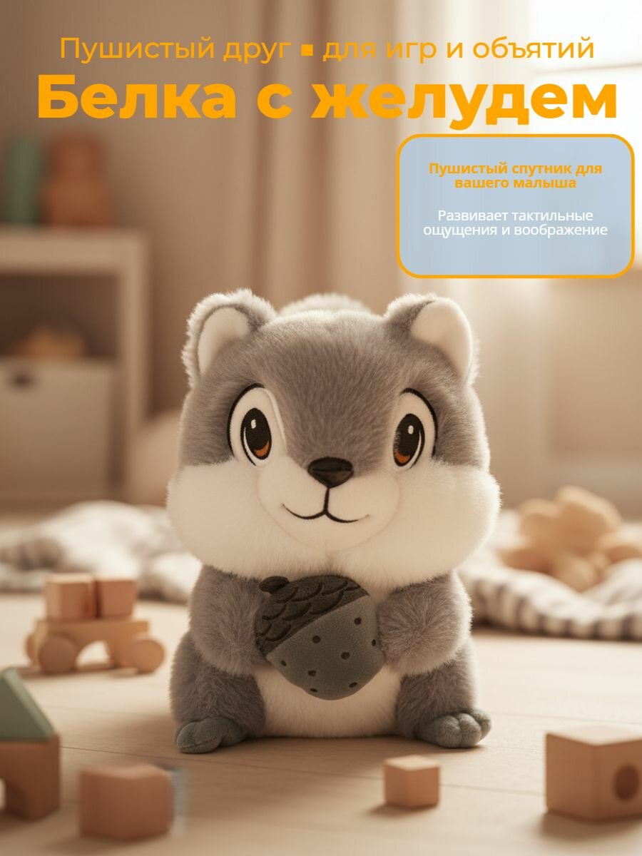 Мягкая игрушка - Белка с орешком. 24 см. серая.