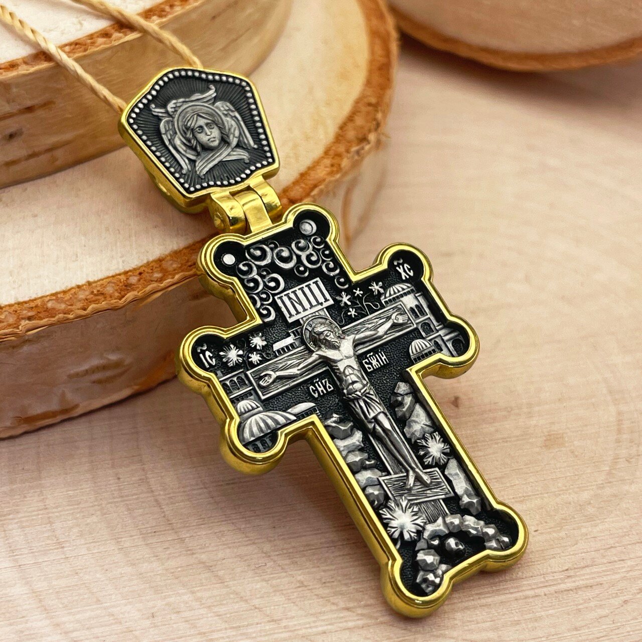 Крестик, серебро, 925 проба, золочение, чернение