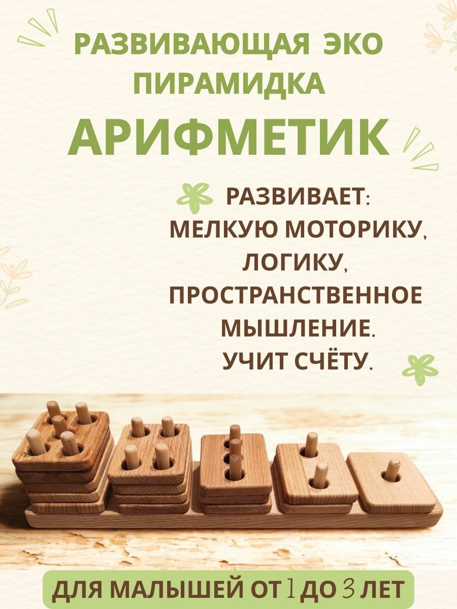Монтессори арифметик. Деревянная развивающая эко пирамидка для малышей. Сортер.