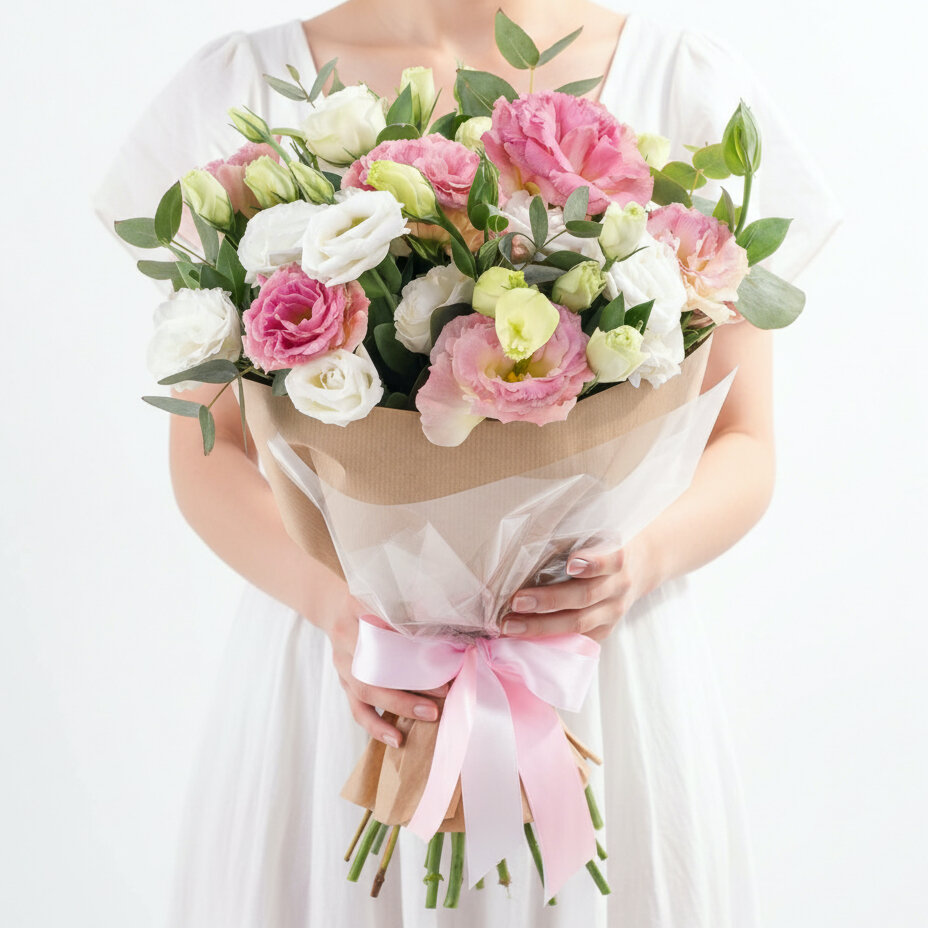 Букет Мегацвет24, 15 эустом, белый/розовый, дизайнерская упаковка