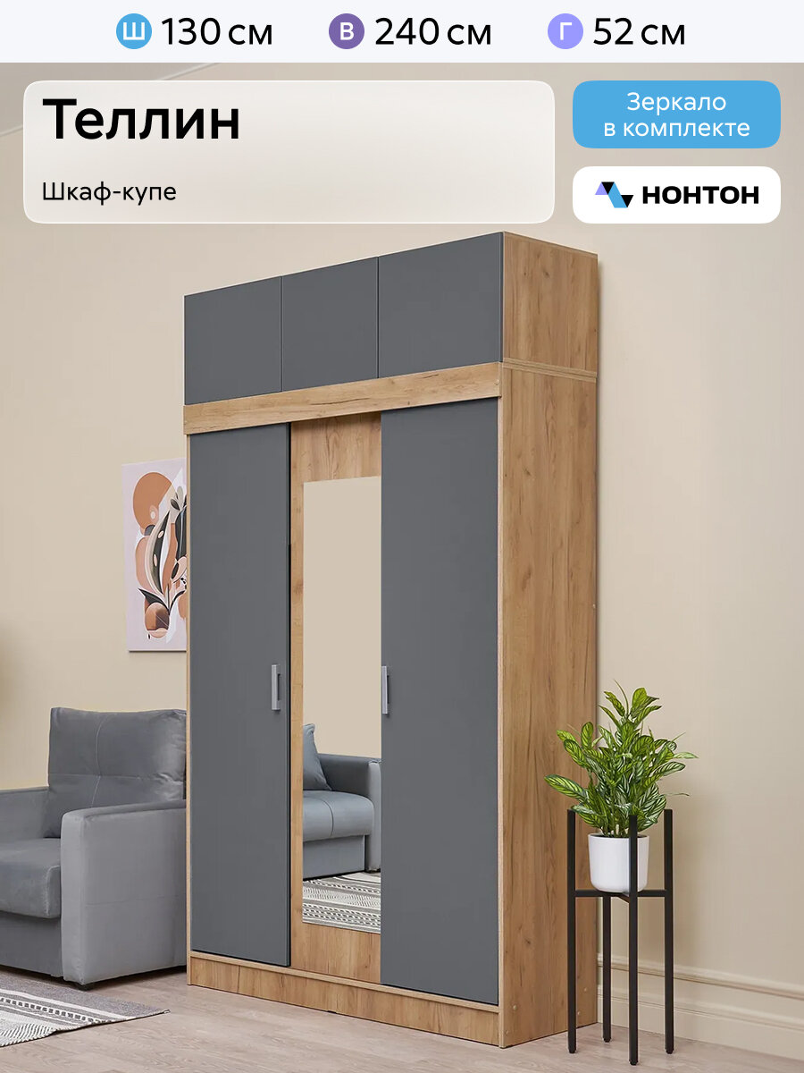 Шкаф-купе для одежды Нонтон Теллин, 130x52x240 см, 1 зеркало, дуб крафт / графит