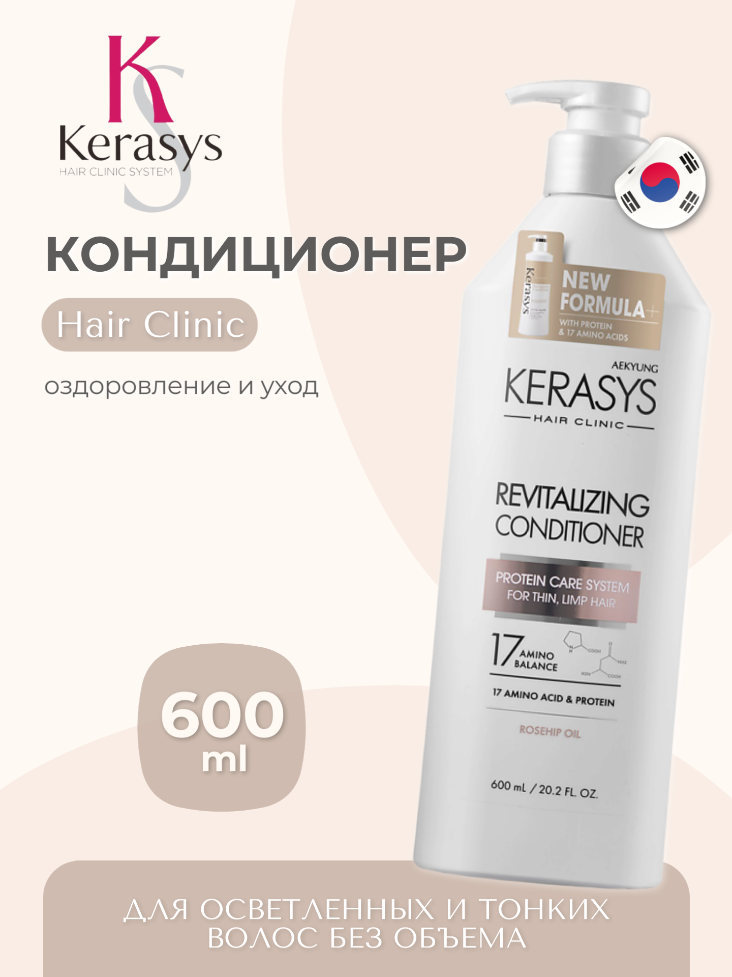 Кондиционер Hair Clinic Оздоровление KeraSys, для тонких и ослабленных волос, 600 мл
