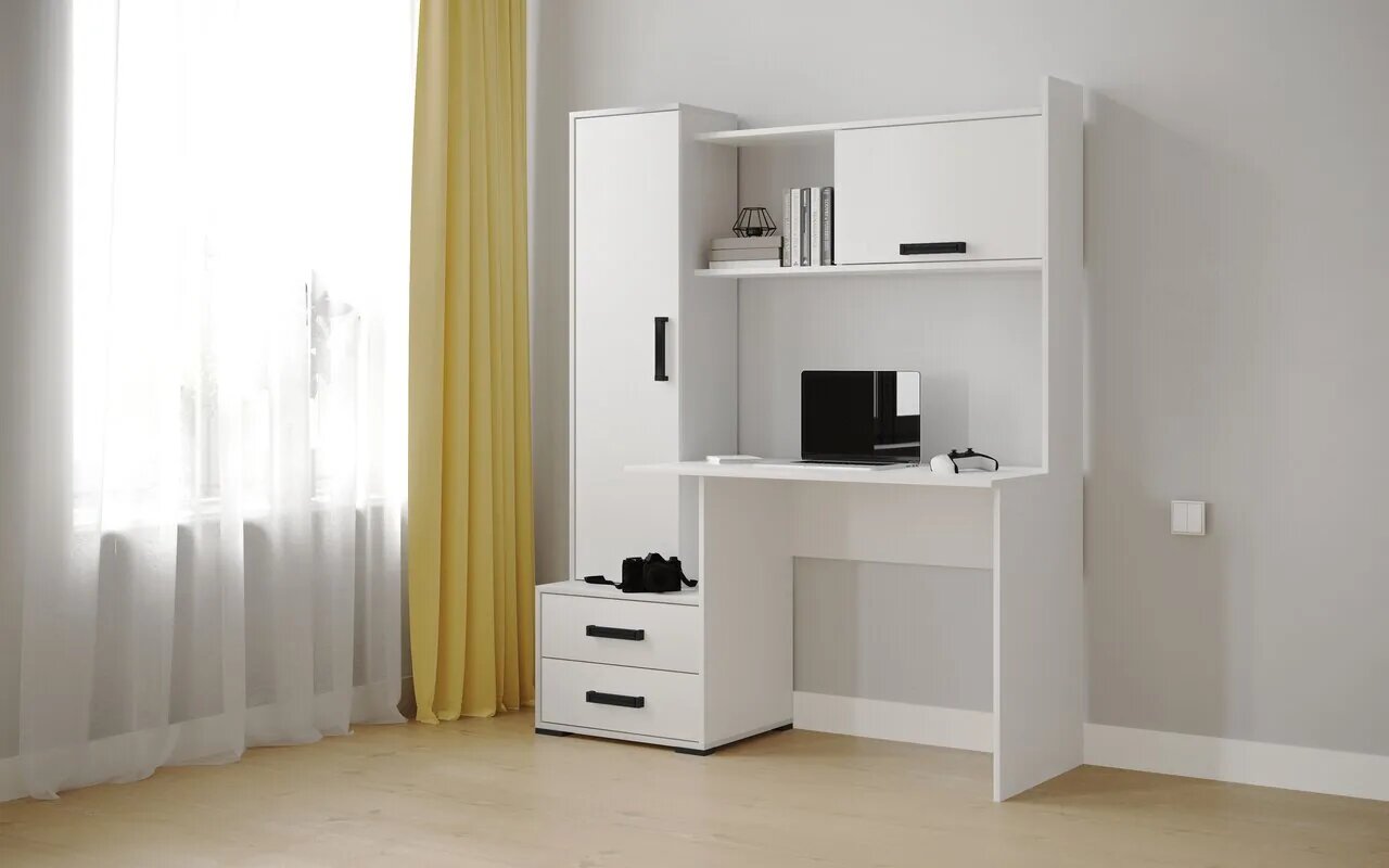 Стол компьютерный с надстройкой, ящиками и пеналом «Квартет-9» ЛДСП (Белый) 140х55х172