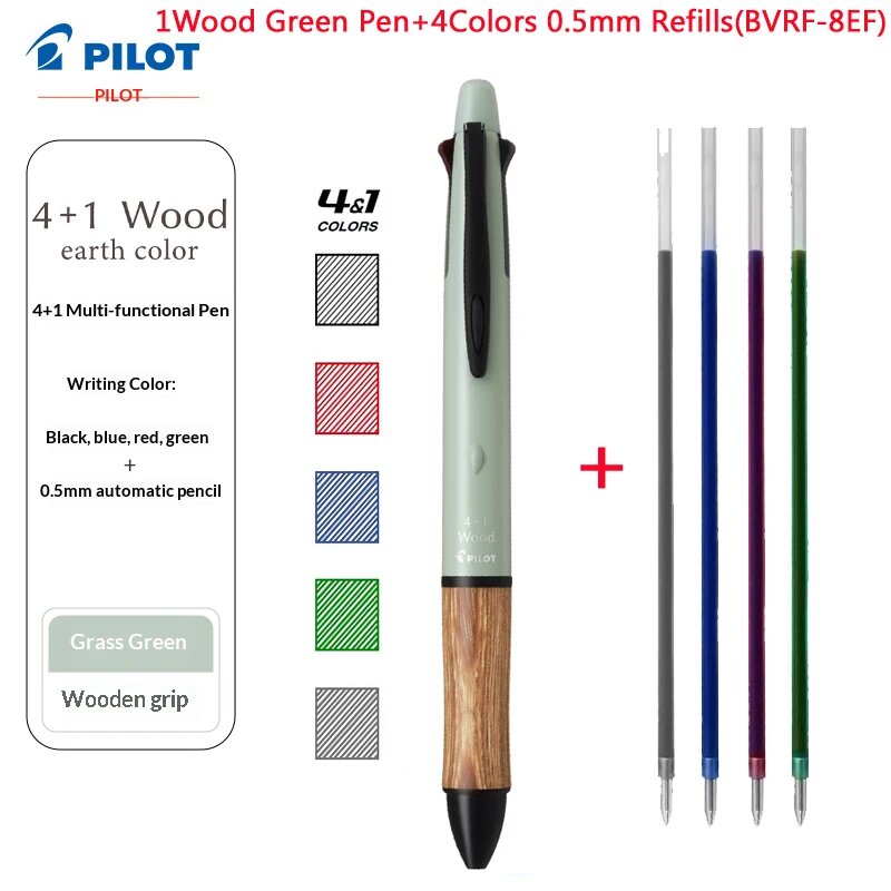 Pilot 1Wood Green Pen + 4Colors 0.5mm Refills (BVRF-8EF)