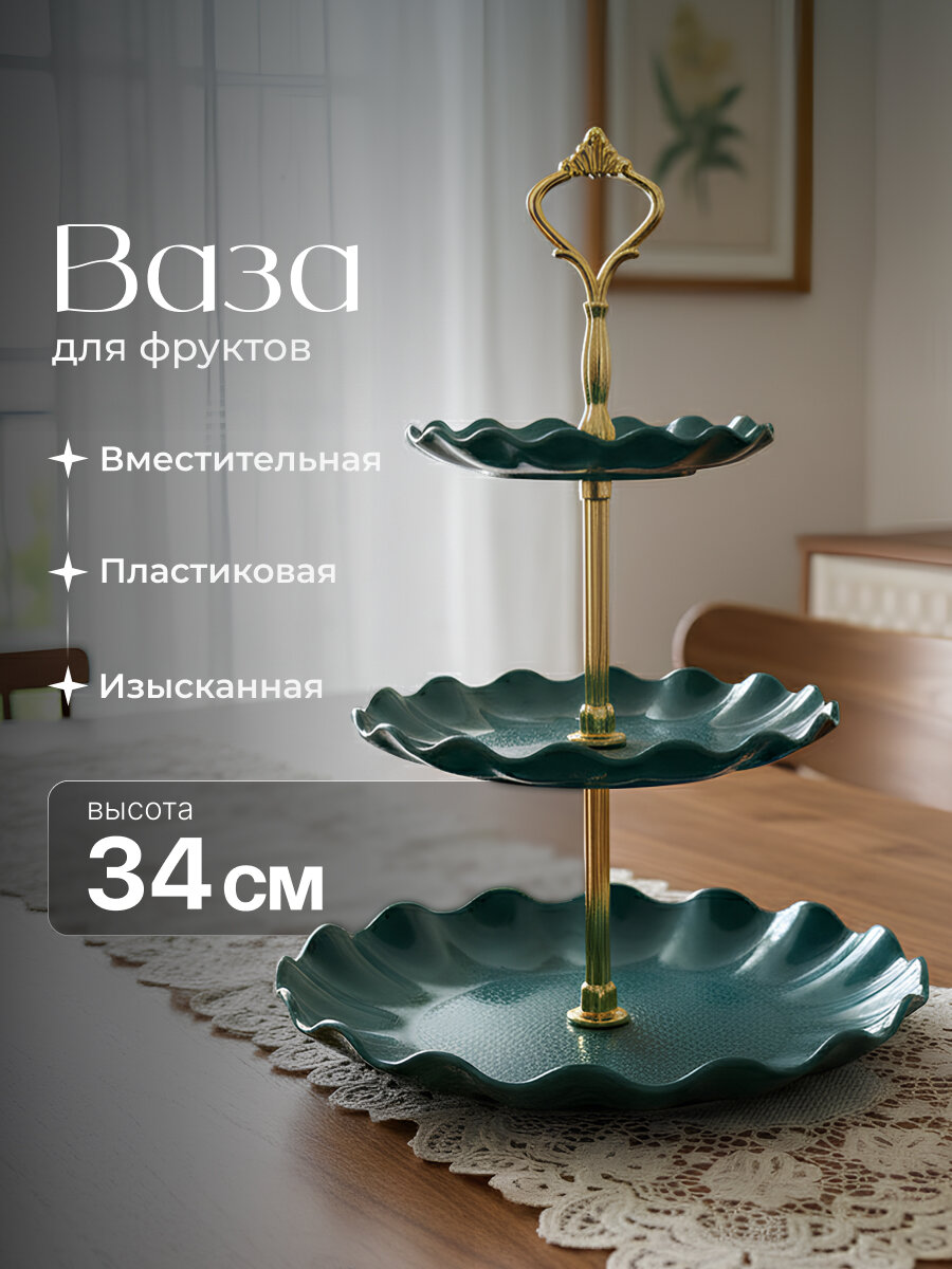 Фруктовница трехъярусная этажерка пластиковая Shiny Kitchen, темно-зеленая