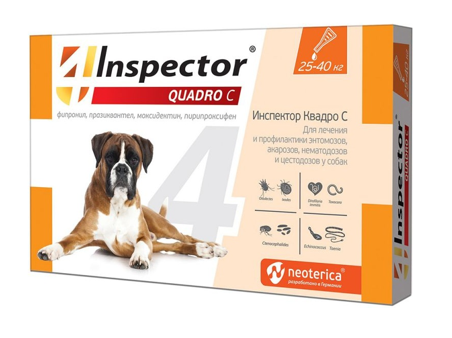 Капли на холку Inspector Quadro для собак 25-40 кг, от внешних и внутренних паразитов, 4 мл