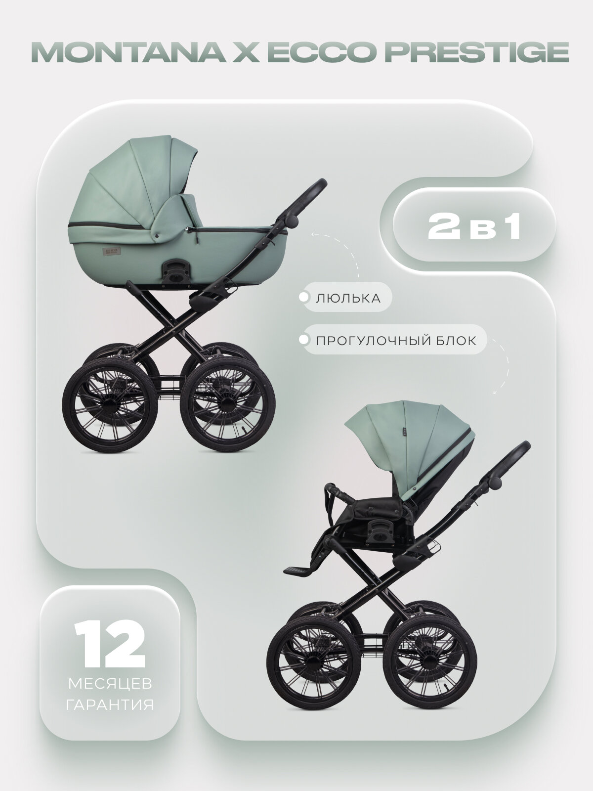 Коляска для новорожденных MONTANA X ECCO Prestige (2 в 1) (RIKO BASIC) 21 Green (зеленый)