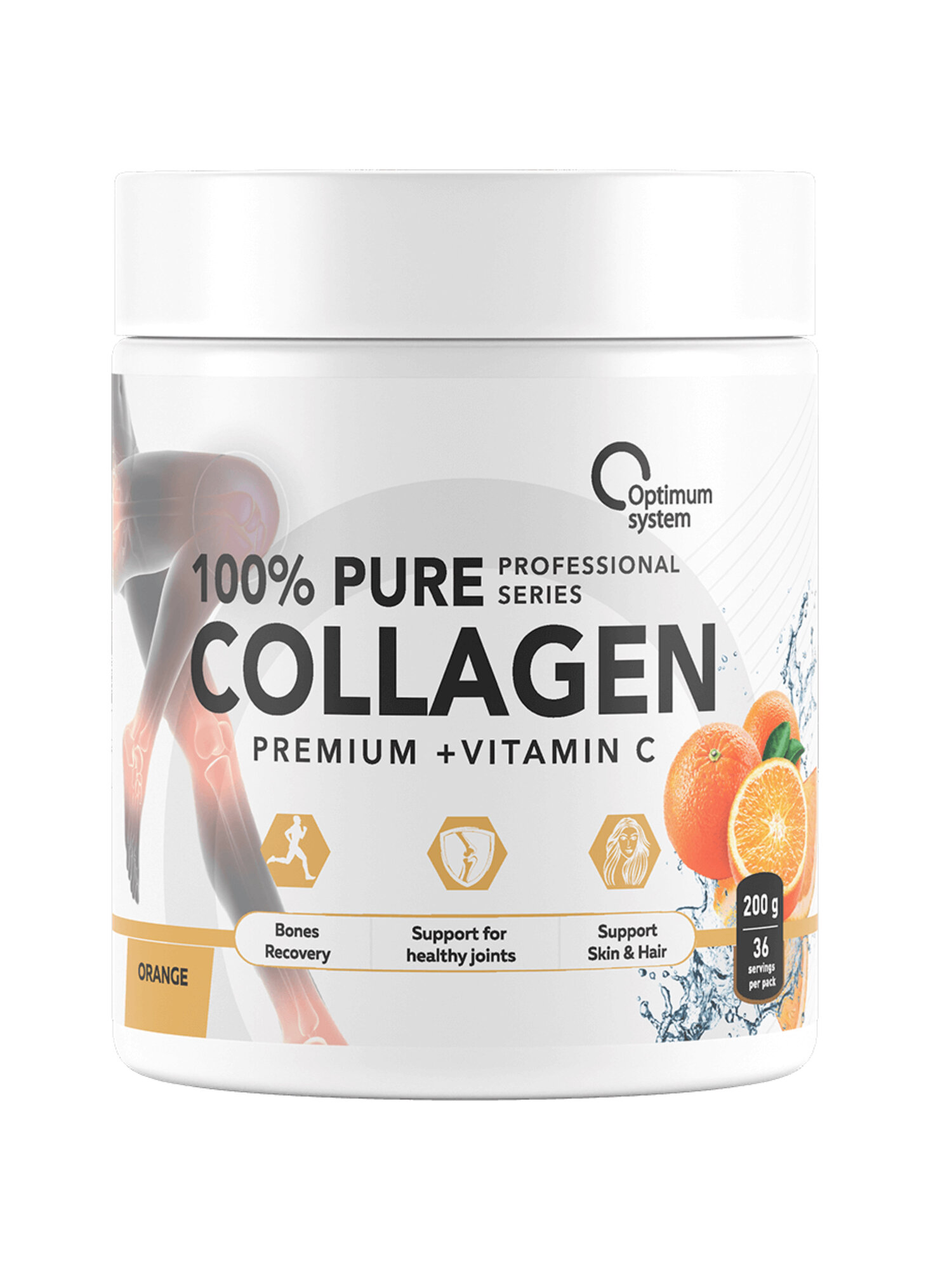 Optimum System Collagen Powder 100% Pure, Коллаген + Витамин С 200 гр - Апельсин