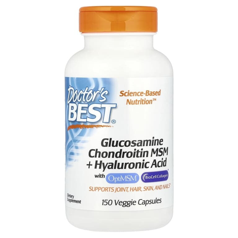 Doctor's Best Glucosamine Chondroitin MSM + Hyaluronic Acid with OptiMSM BioCell Collagen, Глюкозамин, Хондроитин, МСМ + гиалуроновая кислота 150 капсул