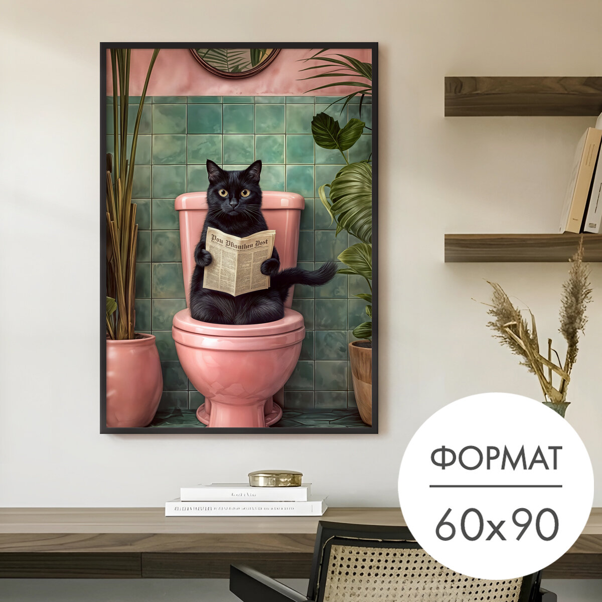 Постер на стену "Черный кот на унитазе" для интерьера 60х90