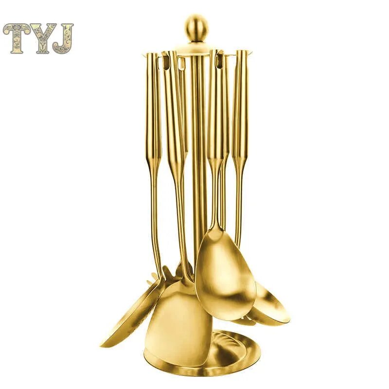 Набор кухонной навески, 7 предметов золотистого цвета из нержавеющей стали с подставкой. Стильный кухонный набор для удобства