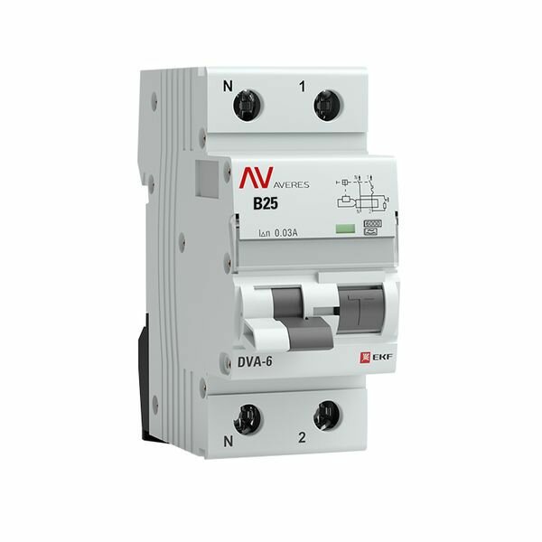 Автомат дифференциальный DVA-6 1P+N 25А (B) 30мА (A) 6кА AVERES , EKF RCBO6-1PN-25B-30-A-AV (1 шт.)