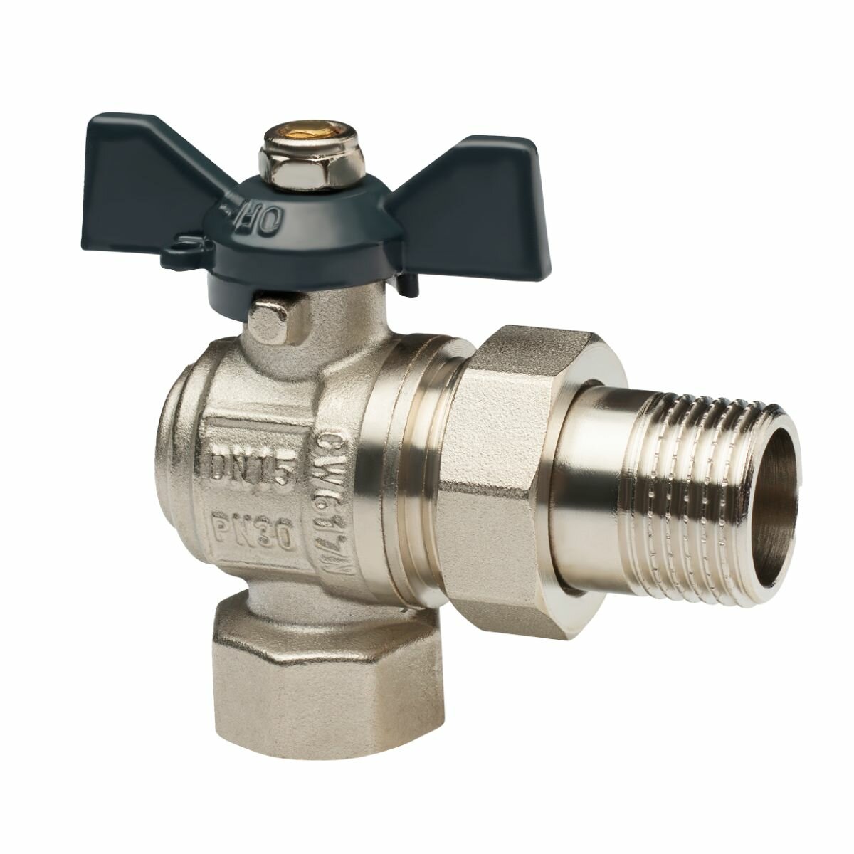 Кран шаровой угловой с американкой полнопроходной (бабочка) AQUALINK, 1/2"