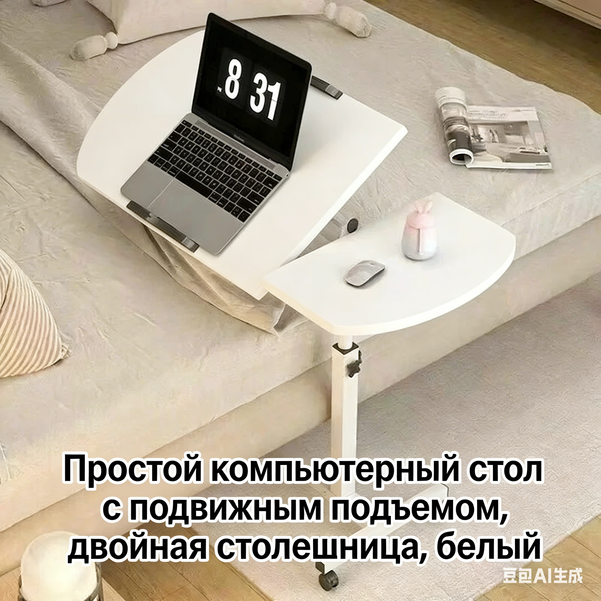 Простой компьютерный стол с подвижным подъемом, двойная столешница, белый