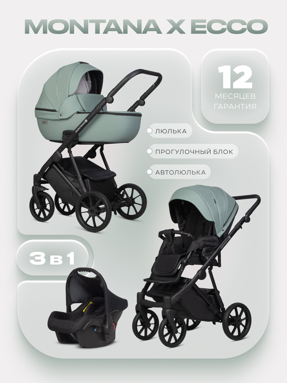 Коляска для новорожденных MONTANA X ECCO (3 в 1) (RIKO BASIC) 21 Green (зеленый)