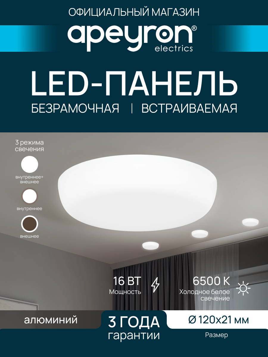 Светодиодная встраиваемая безрамочная панель Apeyron FLP 16Вт, 6500К, круг d120мм, белый