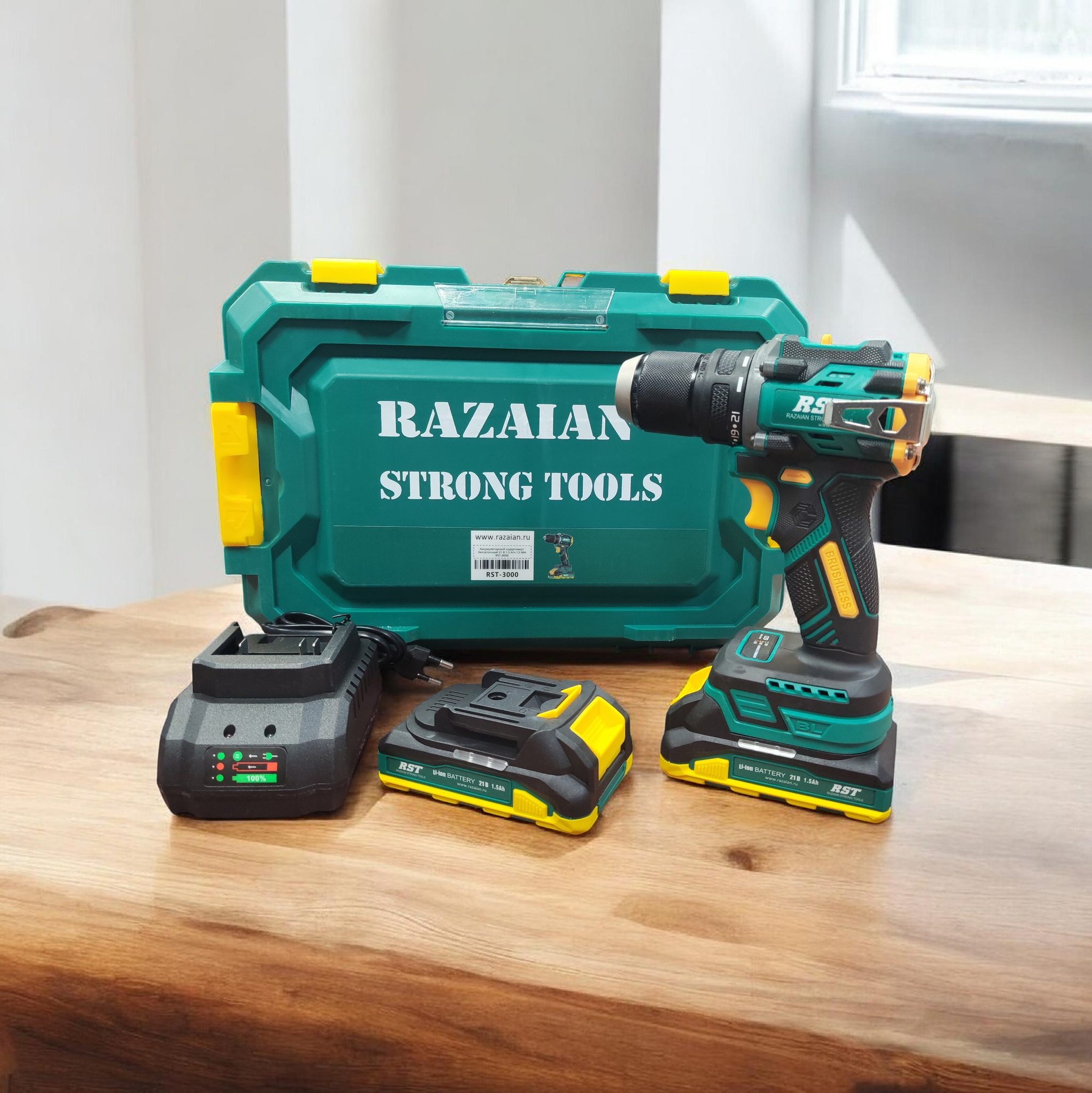 Шуруповерт Razaian, зеленый, 21В, бесщеточный, быстрозажимной патрон