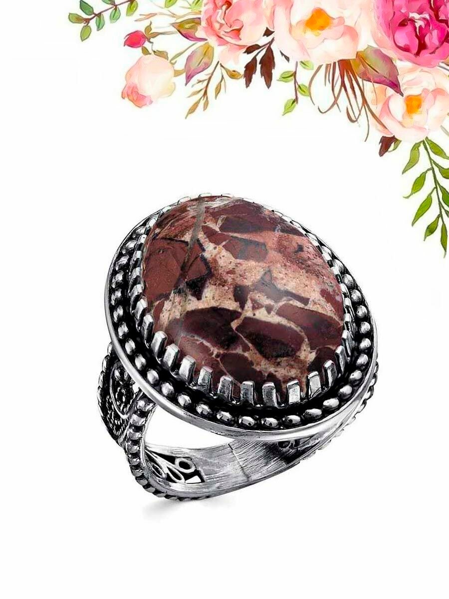 Кольцо, серебро, 925 проба, оксидирование, яшма