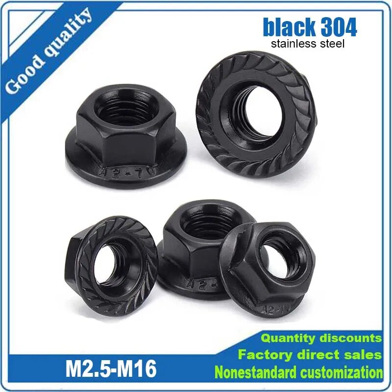 1/20 шт. M2.5 M3 M4 M5 M6 M8 M10 к M16 DIN6923 Черная нержавеющая сталь 304, шестиугольная шестигранная головка, зубчатая фланцевая гайка, контргайка
