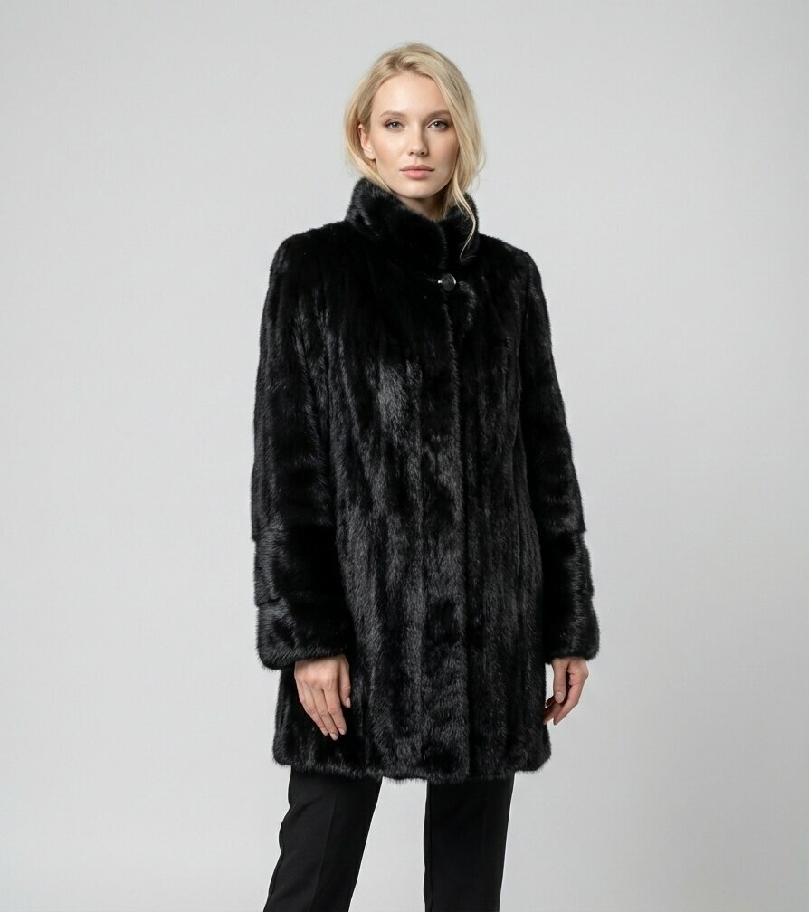 Норковая шуба с капюшоном, чёрная, размер 50 (XL)