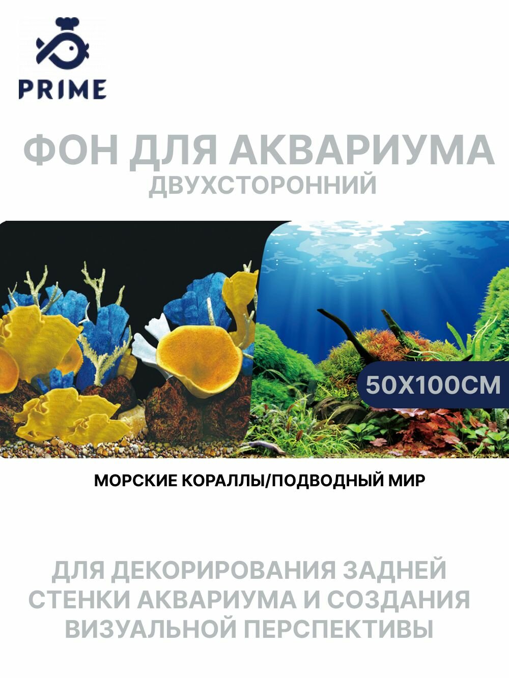 Фон для аквариума 2-х стор. Морские кораллы/Подводный мир 50х100см
