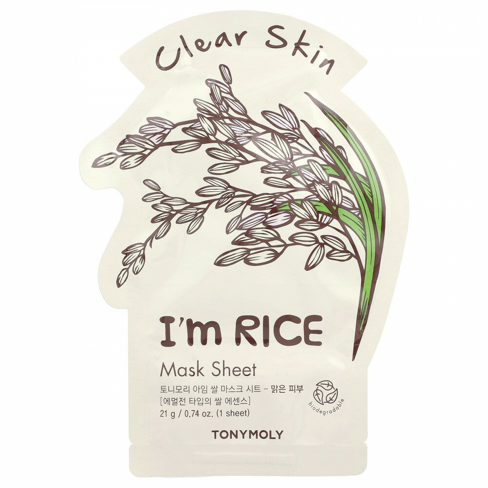 TonyMoly, I'm Rice, тканевая маска для чистой кожи, 1 шт, 21 г (0,74 унции)