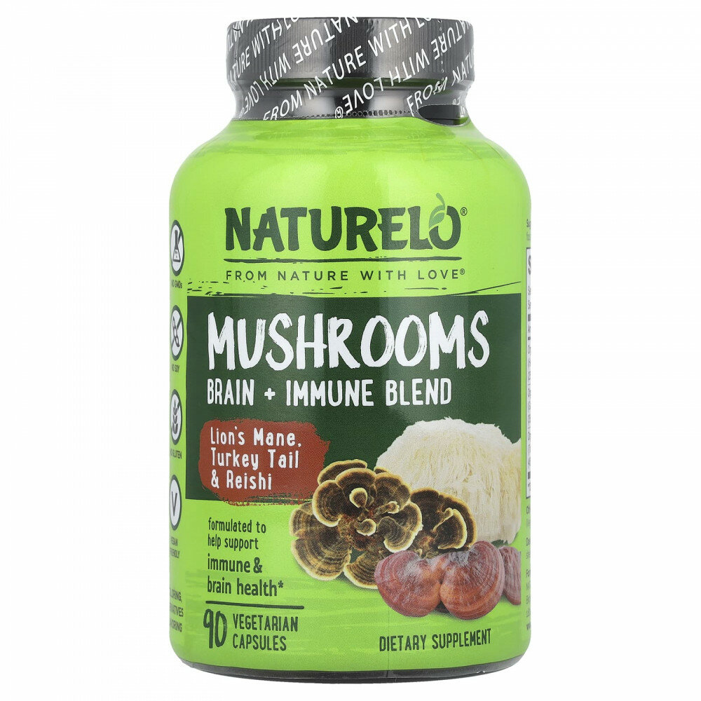 NATURELO, Грибы, смесь для мозга и иммунитета, 90 вегетарианских капсул