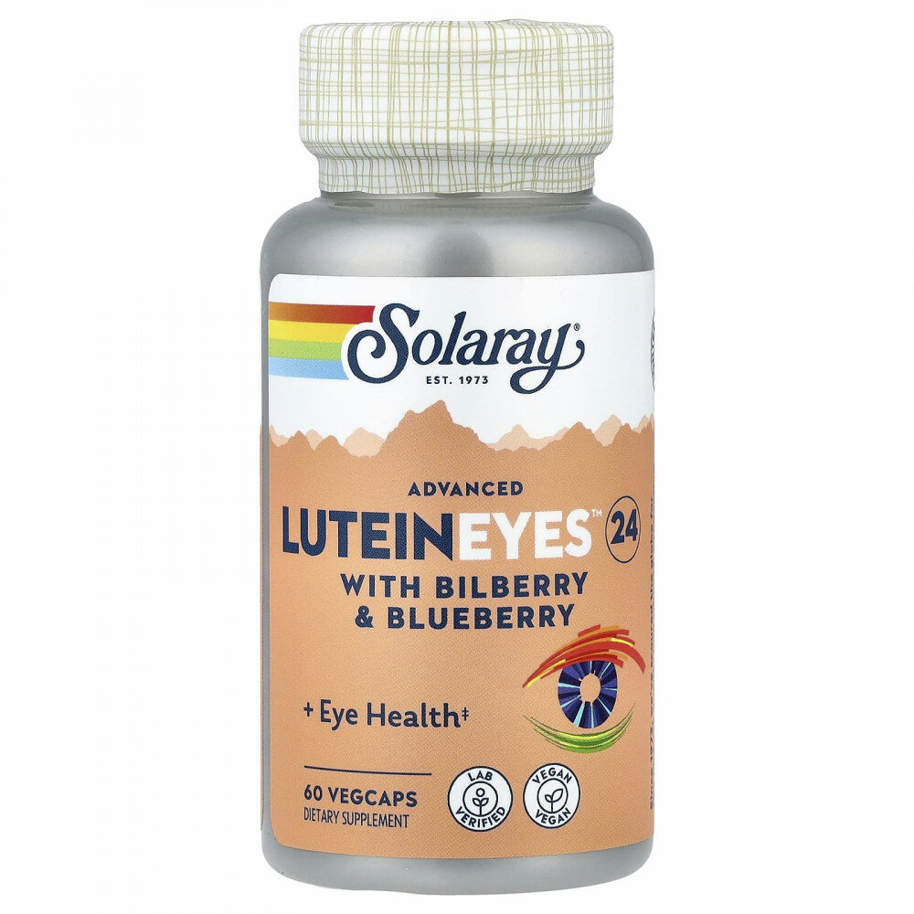 Solaray, Advanced Lutein Eyes 24, улучшенная формула с лютеином для здоровья глаз, с черникой и голубикой, 60 капсул VegCaps