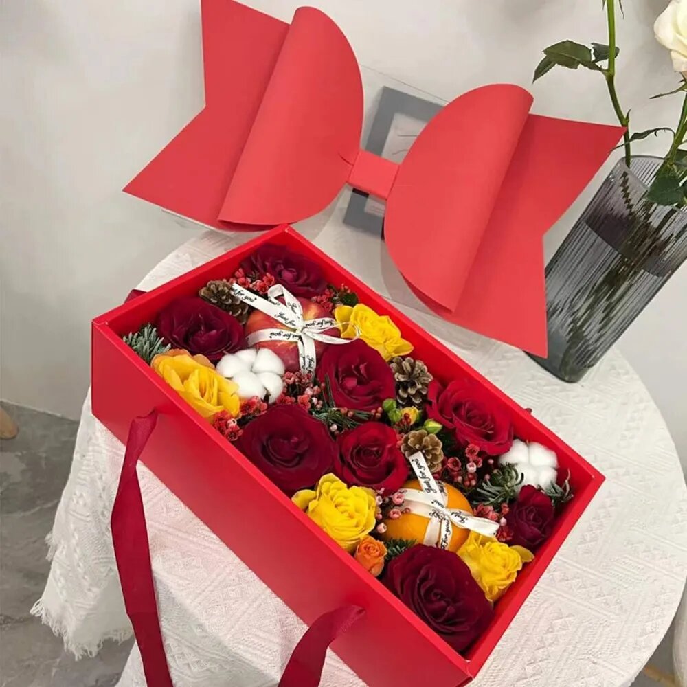 Коробка Для Цветов С Дизайном Лука, Красная, 35X21X16.5См, Из Пвх, Для Упаковки Подарков И Хранения Букетов, 1 Комплект