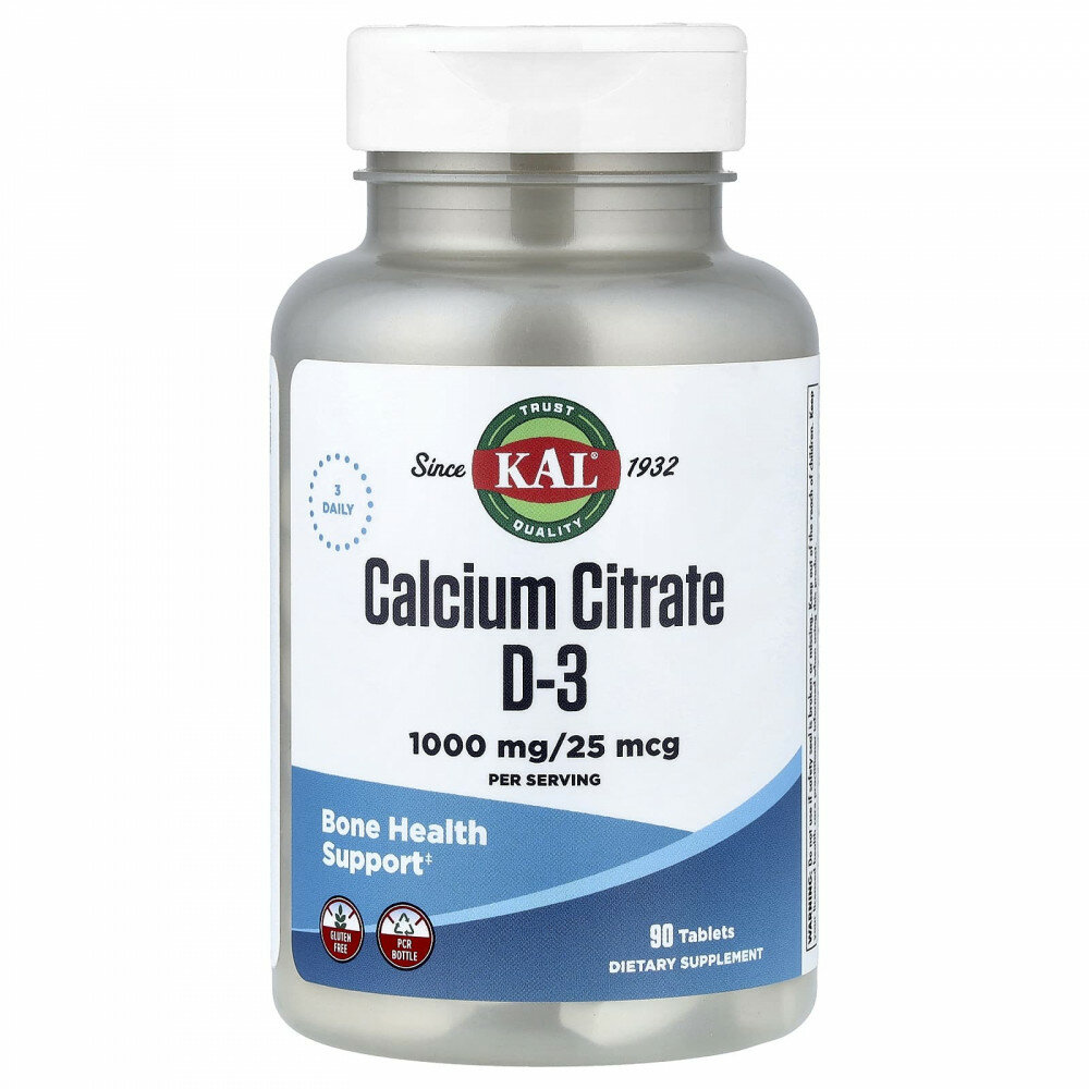 KAL, Цитрат кальция D-3, 25 мкг / 1000 мг, 90 таблеток