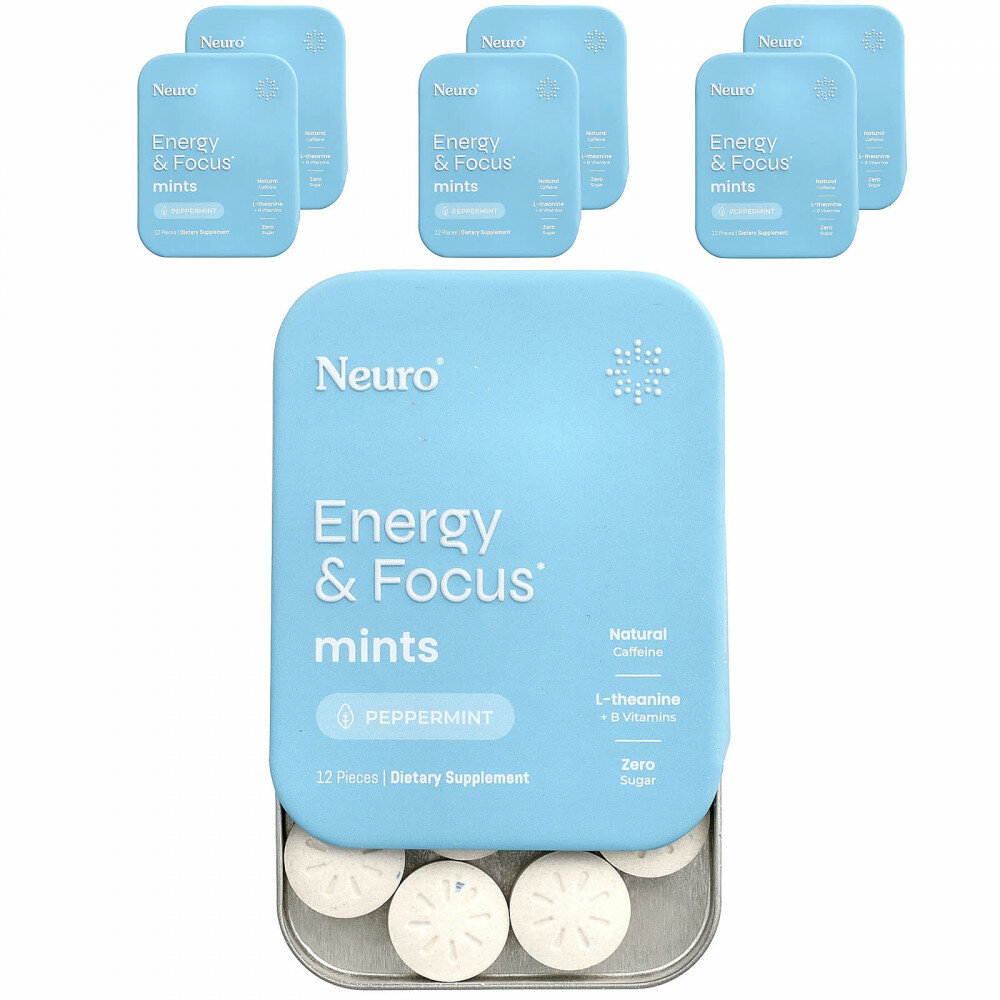 NeuroGum, мятные конфеты, энергия и концентрация, перечная мята, 6 пакетиков по 12 шт.