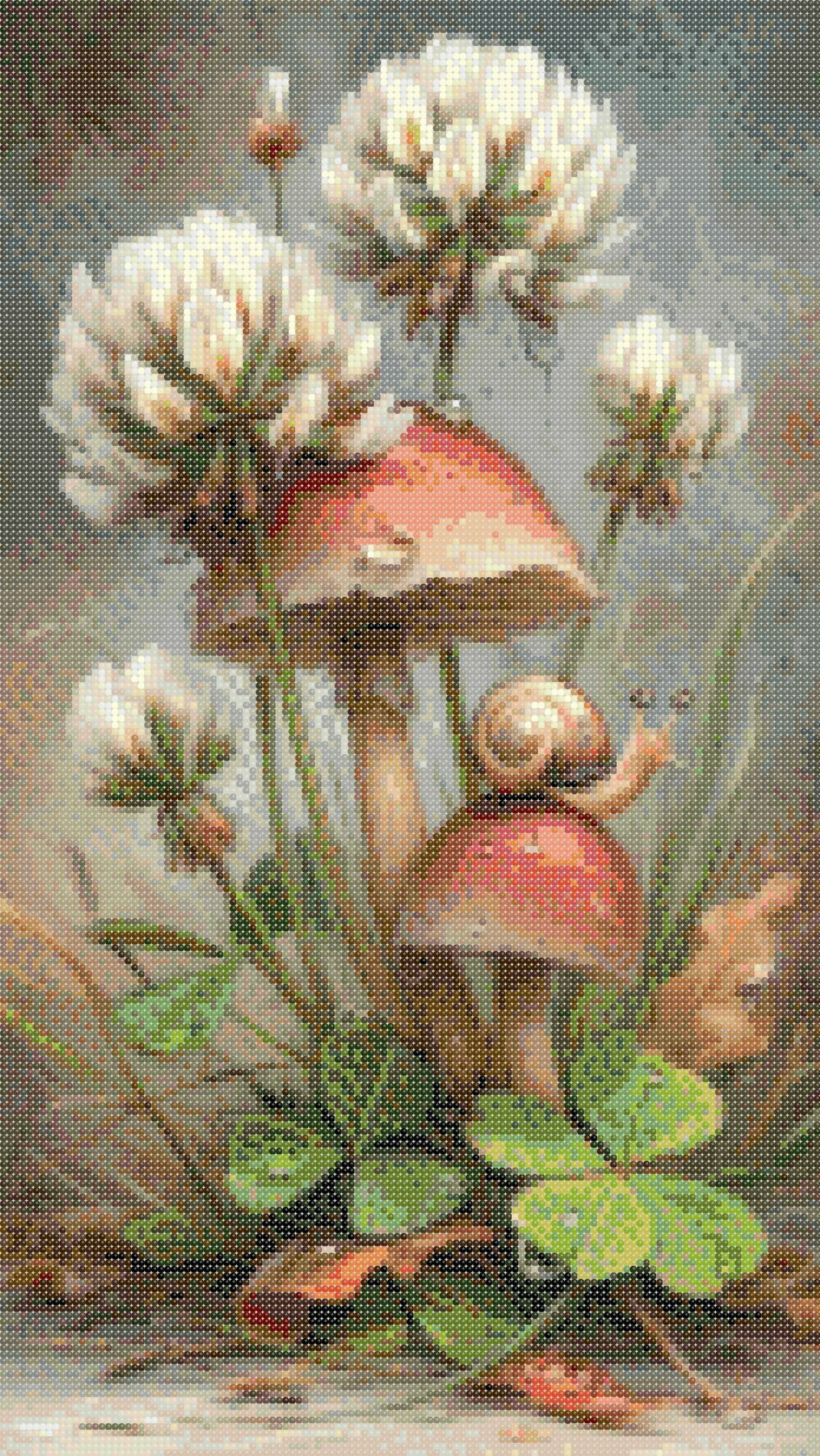 Схема вышивки на бумаге бисером Грибы в клевере (без бисера и ткани) 125х222 стежков (25х44 см) 69 цветов