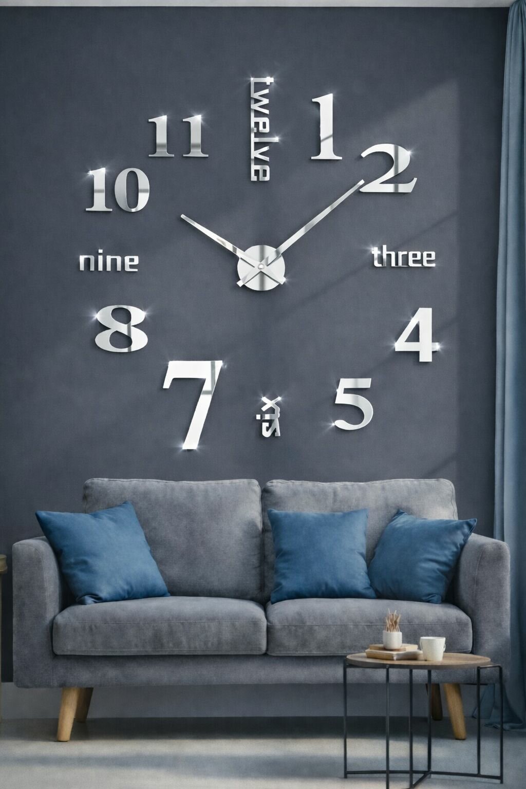 Большие настенные 3D часы №5 зеркальное серебро