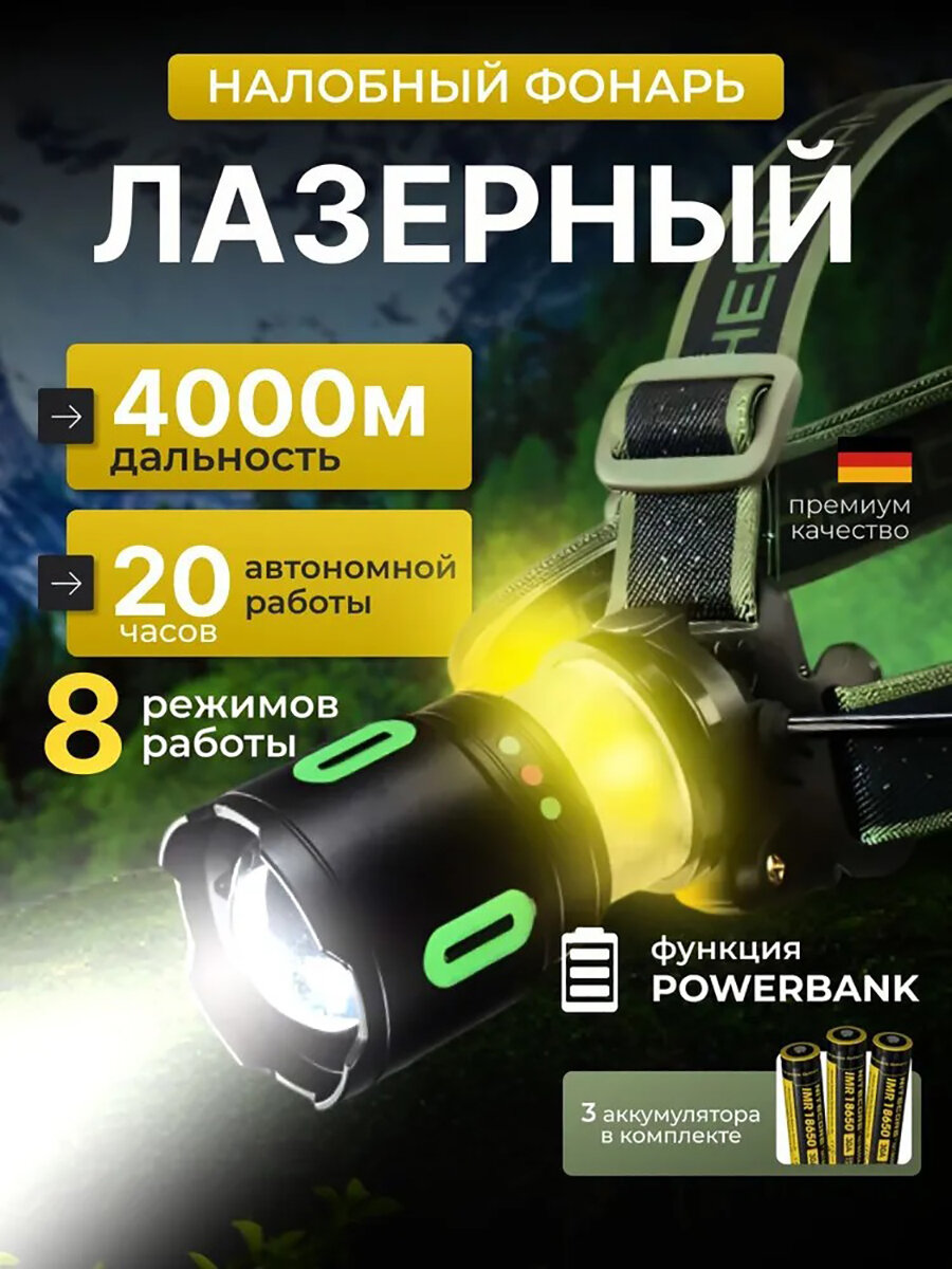 Налобный фонарь светодиод повышенной яркости PM20-TG дальнобой с бесконтактным управлением. 3 АКБ