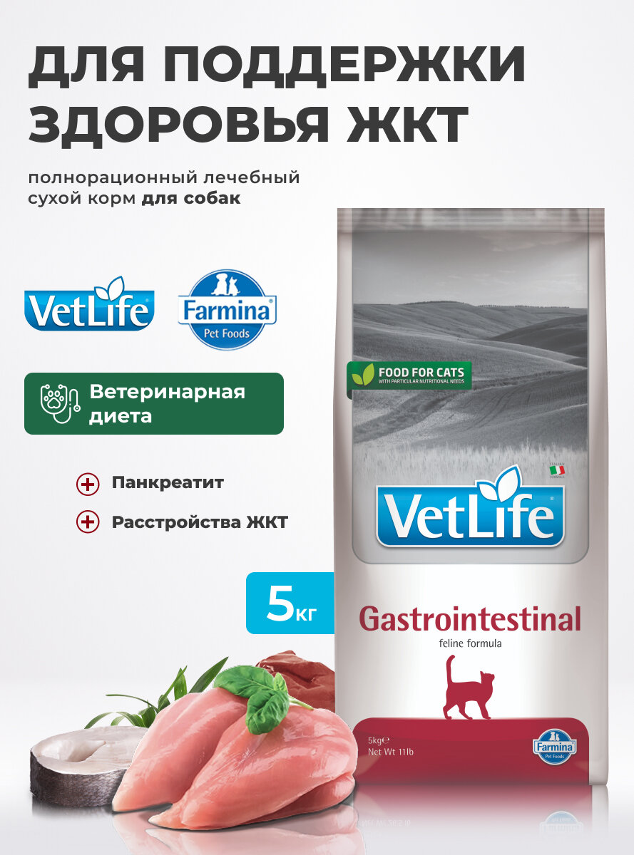 Корм для кошек Farmina Gastrointestinal Vet Life, при проблемах с ЖКТ, 5 кг