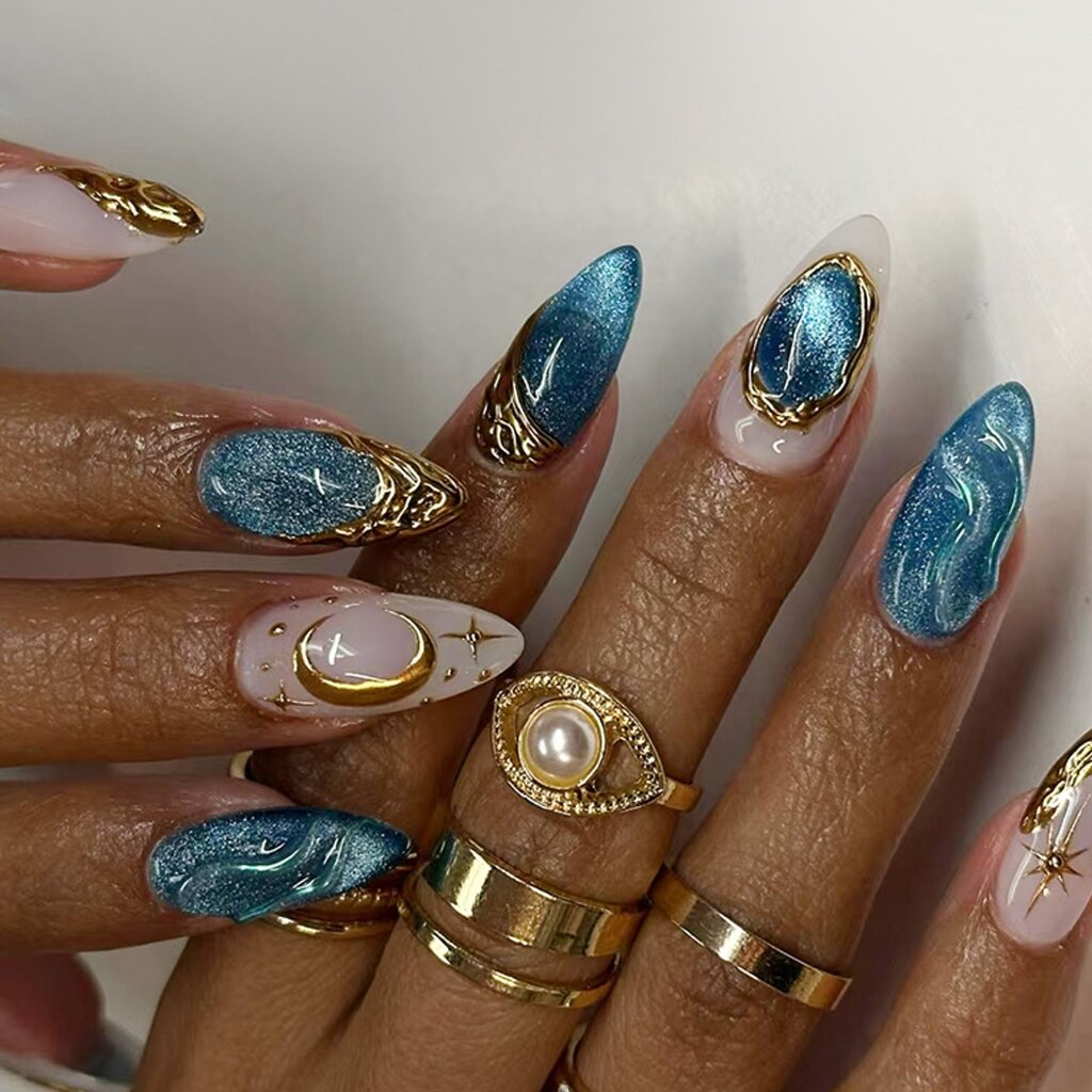 24шт Искусственных ногтей со Сверкающим эффектом Кошачьего Глаза и гламуром Глубоководной Звезды ABS Материал для легкого нанесения и разнообразного стиля