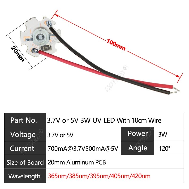 УФ LED 3Вт 365нм 120° 20мм, 3.7В/5В, 100мм провод