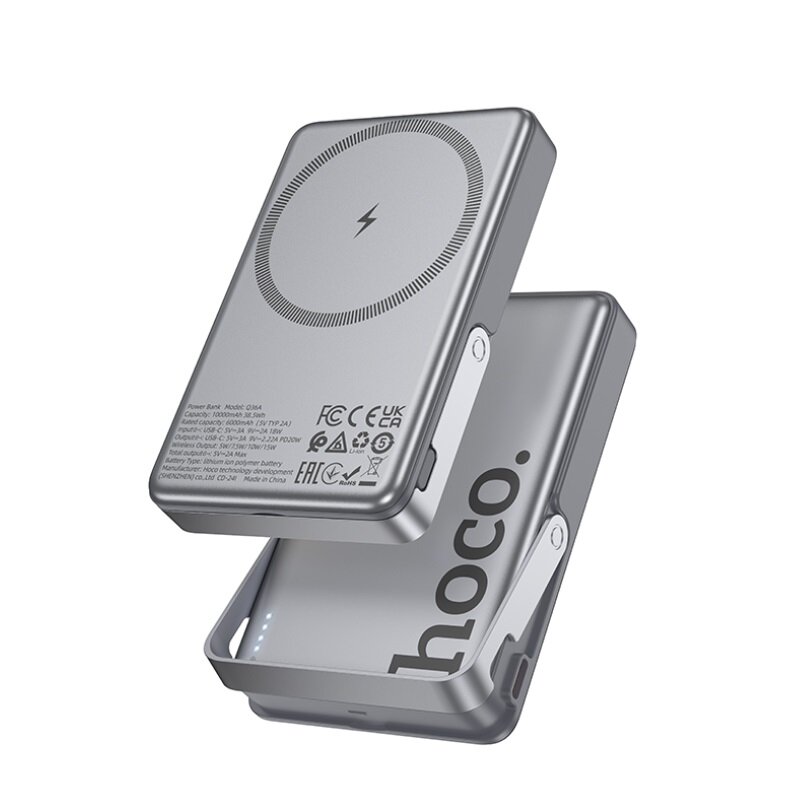 Магнитный аккумулятор HOCO Sunlight Q36A Comes with Holder, Qi15W/Magsafe/ PD20W, 10000mAh, Metal Crey