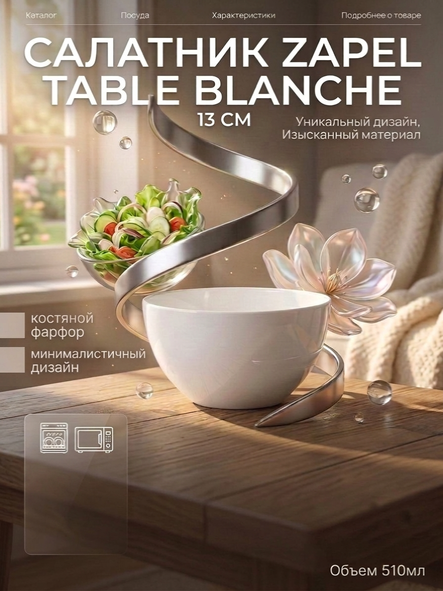 Салатник Zapel "Table Blanche", костяной фарфор, белый, 13 см
