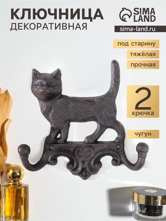 Крючки настенные чугун «Домашний кот», ключница декоративная, 16×4×16 см