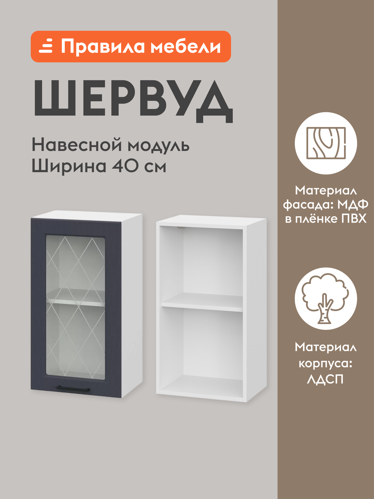 Кухонный модуль навесной, шкаф Шервуд с доводчиками, с полками, 40х29.6х72 см, Белый / Шато индиго со стеклом