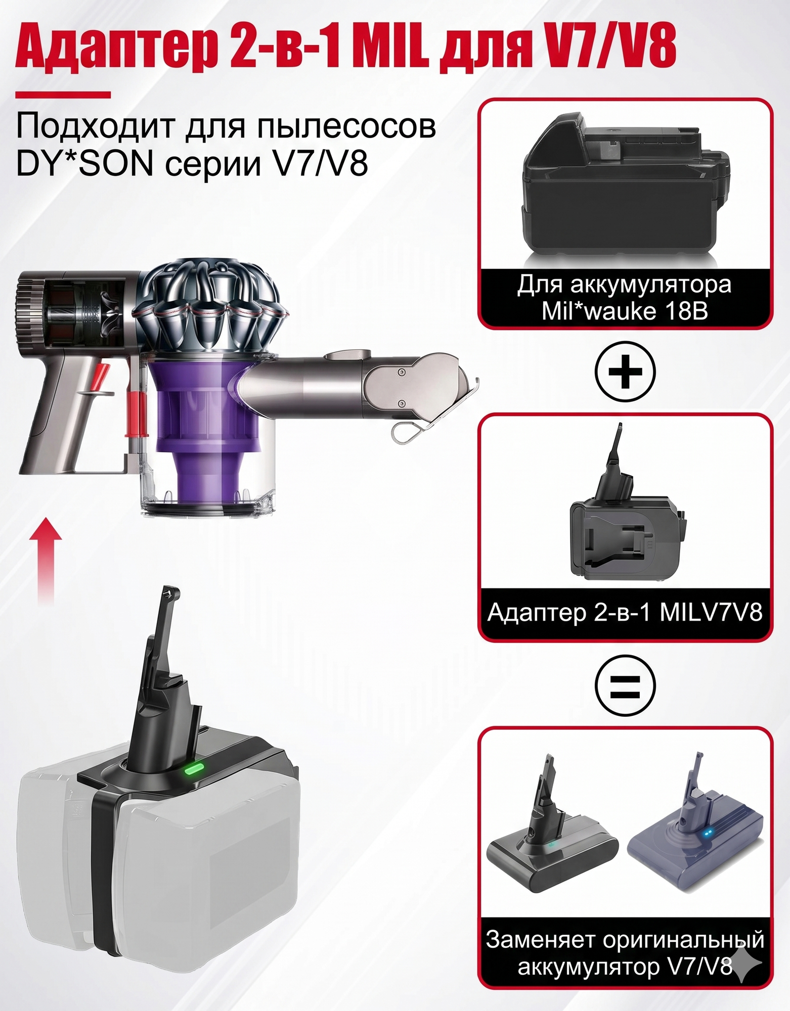 Адаптер 2-в-1 MIL18V7V8 для литий-ионных аккумуляторов Milwaukee 18В к пылесосам серии Dyson V7 V8