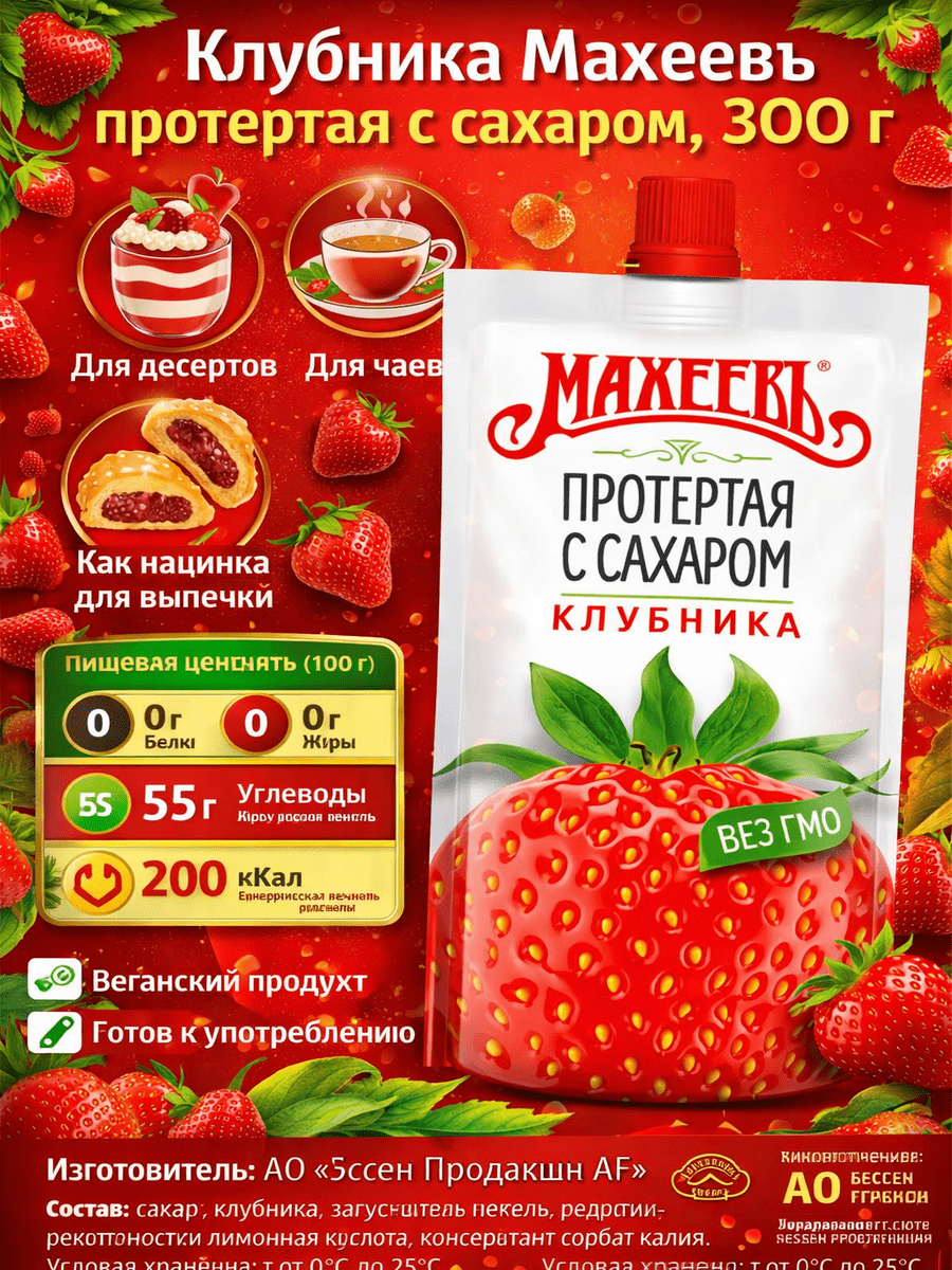 Клубника Махеевъ протертая с сахаром, 300 г x 2 упаковки