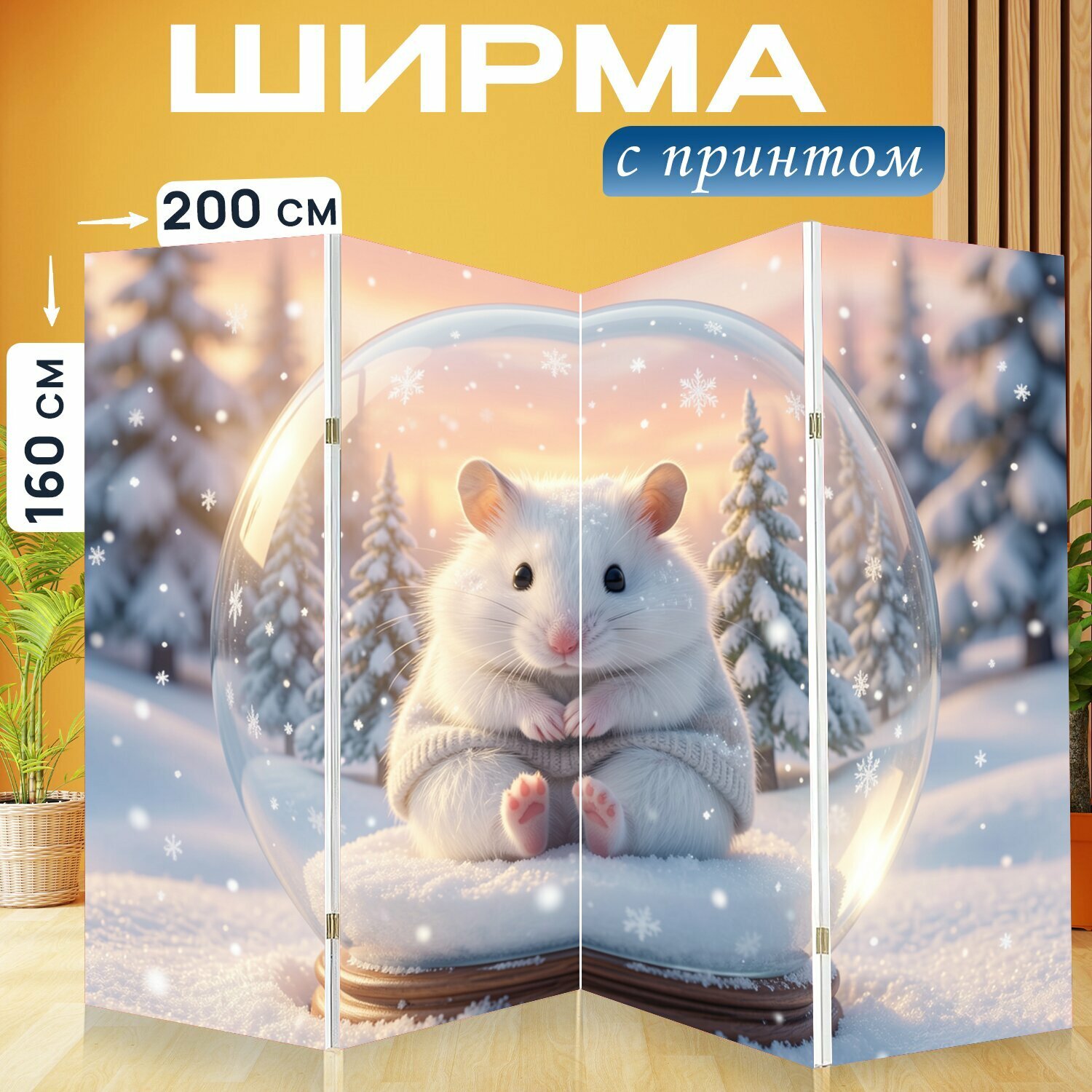Ширма "Белый хомяк в зимней сфере. Милый пушистый зверёк в тёплом свитере сидит среди заснеженных елей, вокруг." перегородка для зонирования комнаты с принтом 200x160 см. на холсте