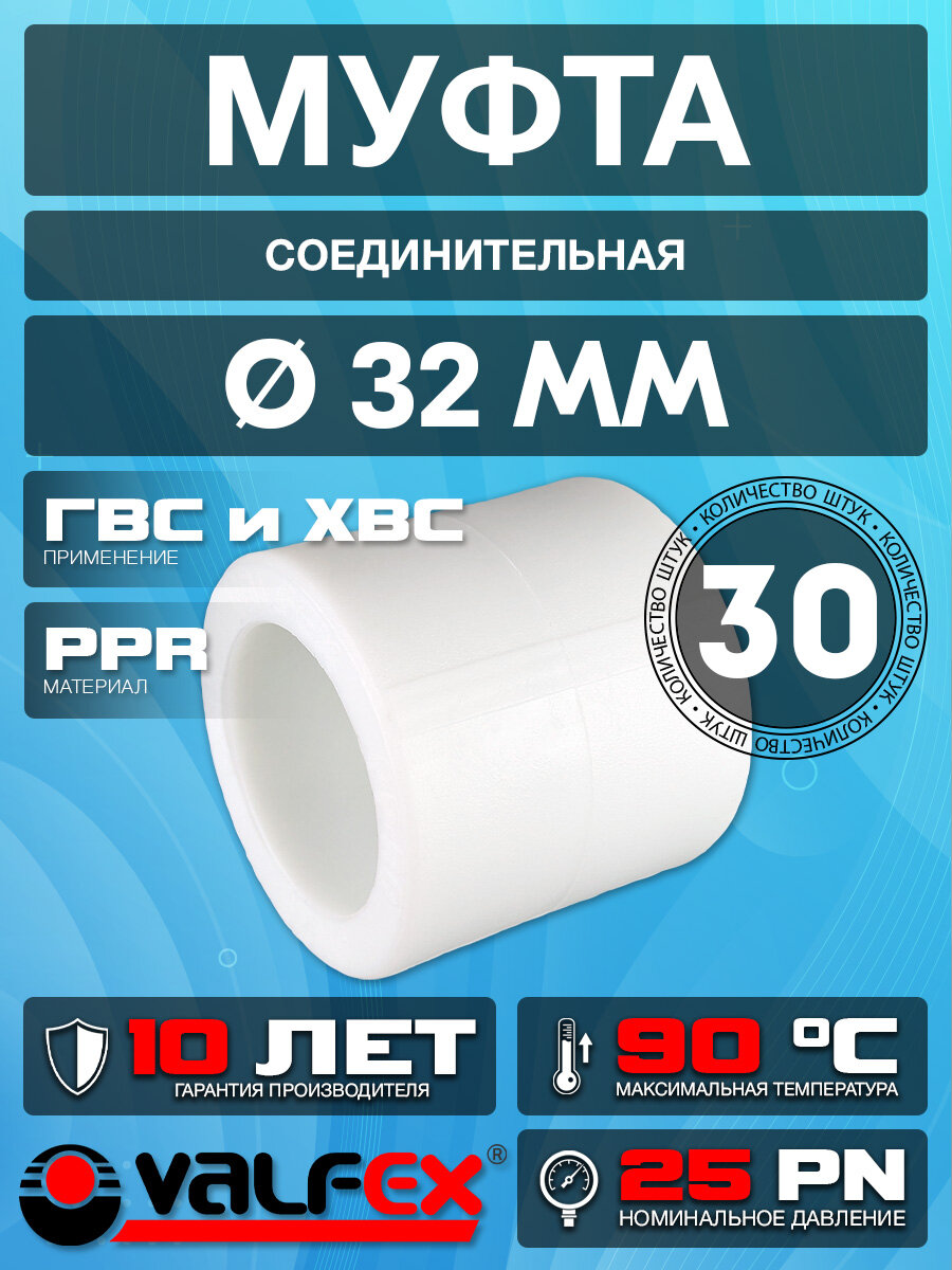 Муфта полипропиленовая соединительная, для труб диаметром 32мм. (30 шт)