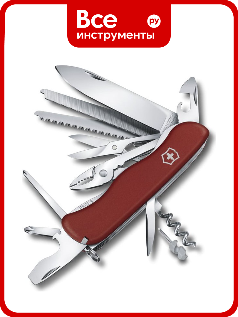 Нож Victorinox WorkChamp 111 мм, 21 функция, красный 0.8564, металл — нож‑брелок из стали с отверткой и штопором